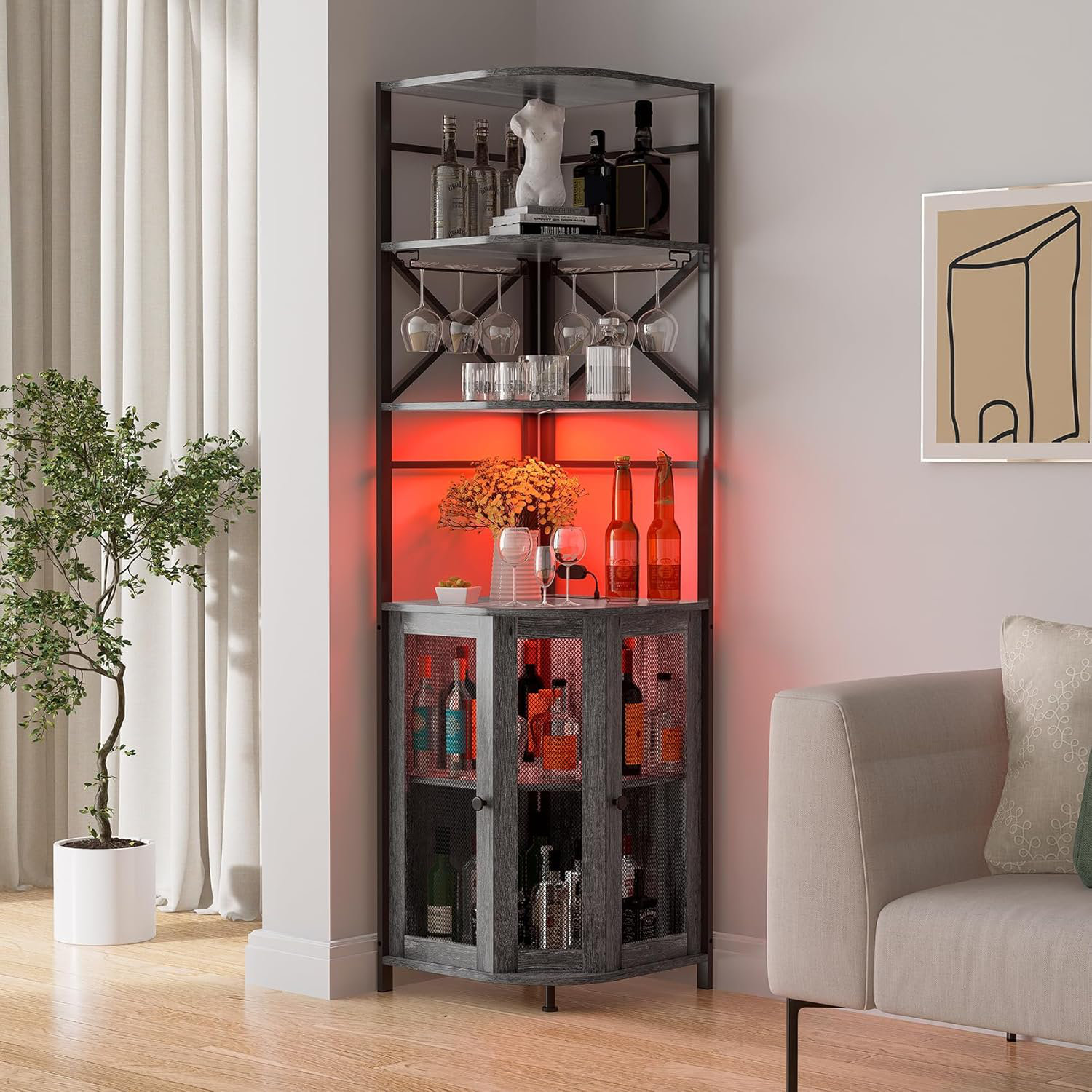 Wine Bar Cabinet with Power Outlet 6 Tiers Industrial Wine Cabinet with LED Light and Glass Holder 17 Stories Color Gray